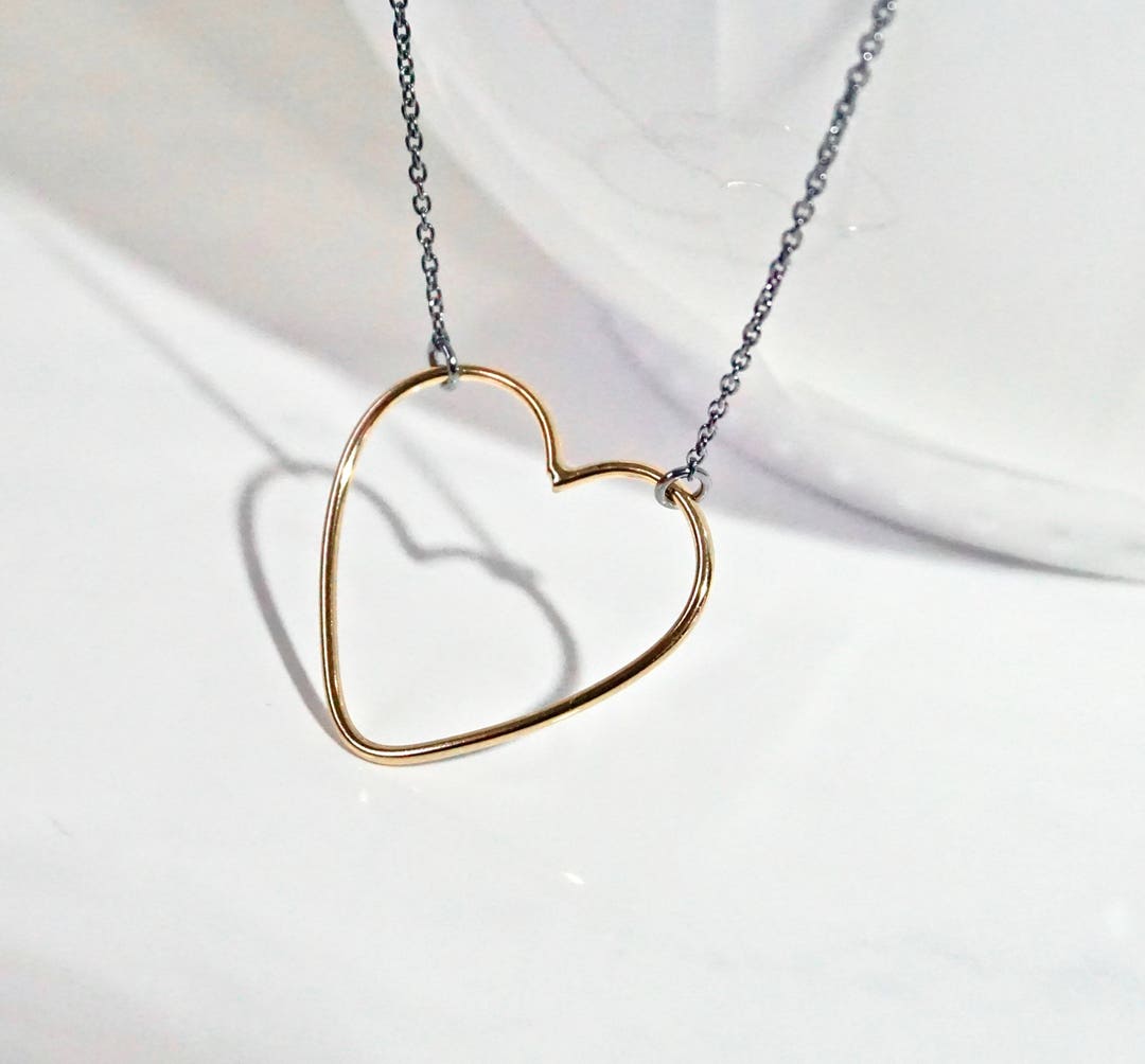 Large Open Heart Necklace, Gold Open Heart With Black Rhodium Chain ...