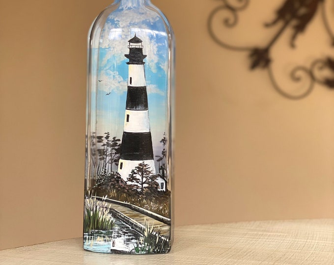 Lighthouse Glass Bottle Hand Painted Landscape Nautical Bodie Island ...