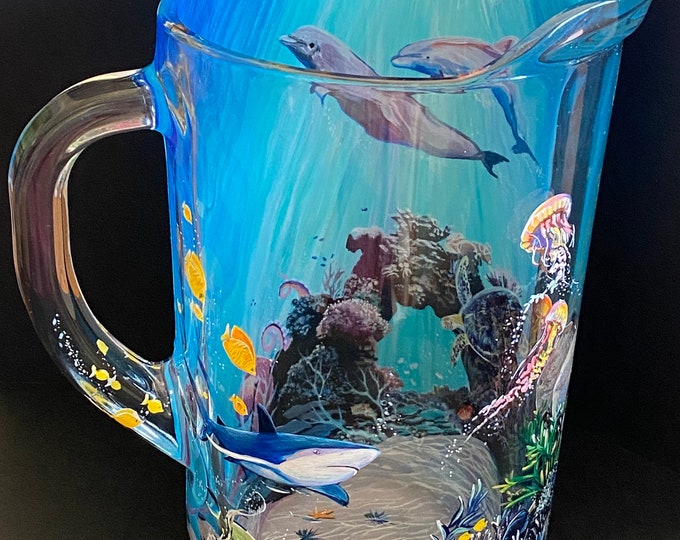 SALE Ocean Themed Glass Pitcher Hand Painted Aquatic Underwater ...