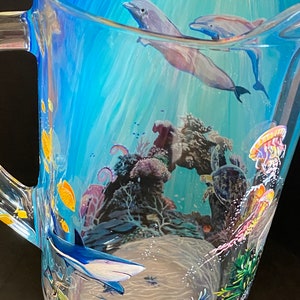 Ocean Themed Glass Pitcher Hand Painted Aquatic Underwater Nautical ...