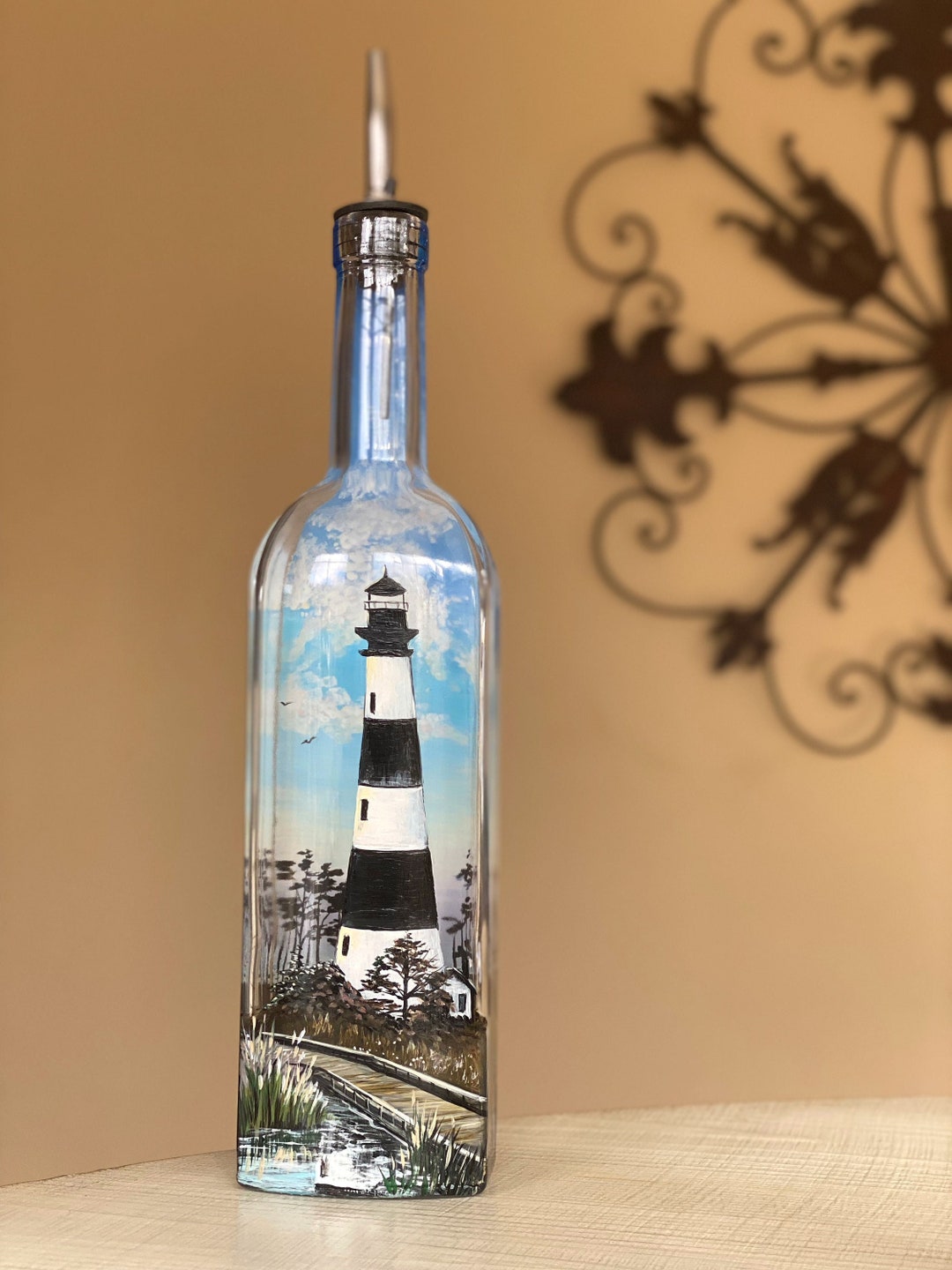 Lighthouse Glass Bottle Hand Painted Landscape Nautical Bodie Island ...
