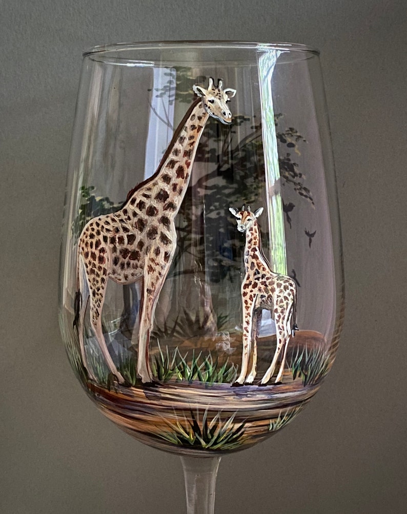 Safari Wine Glass Jungle Animals Hand Painted Elephant Giraffe | Etsy