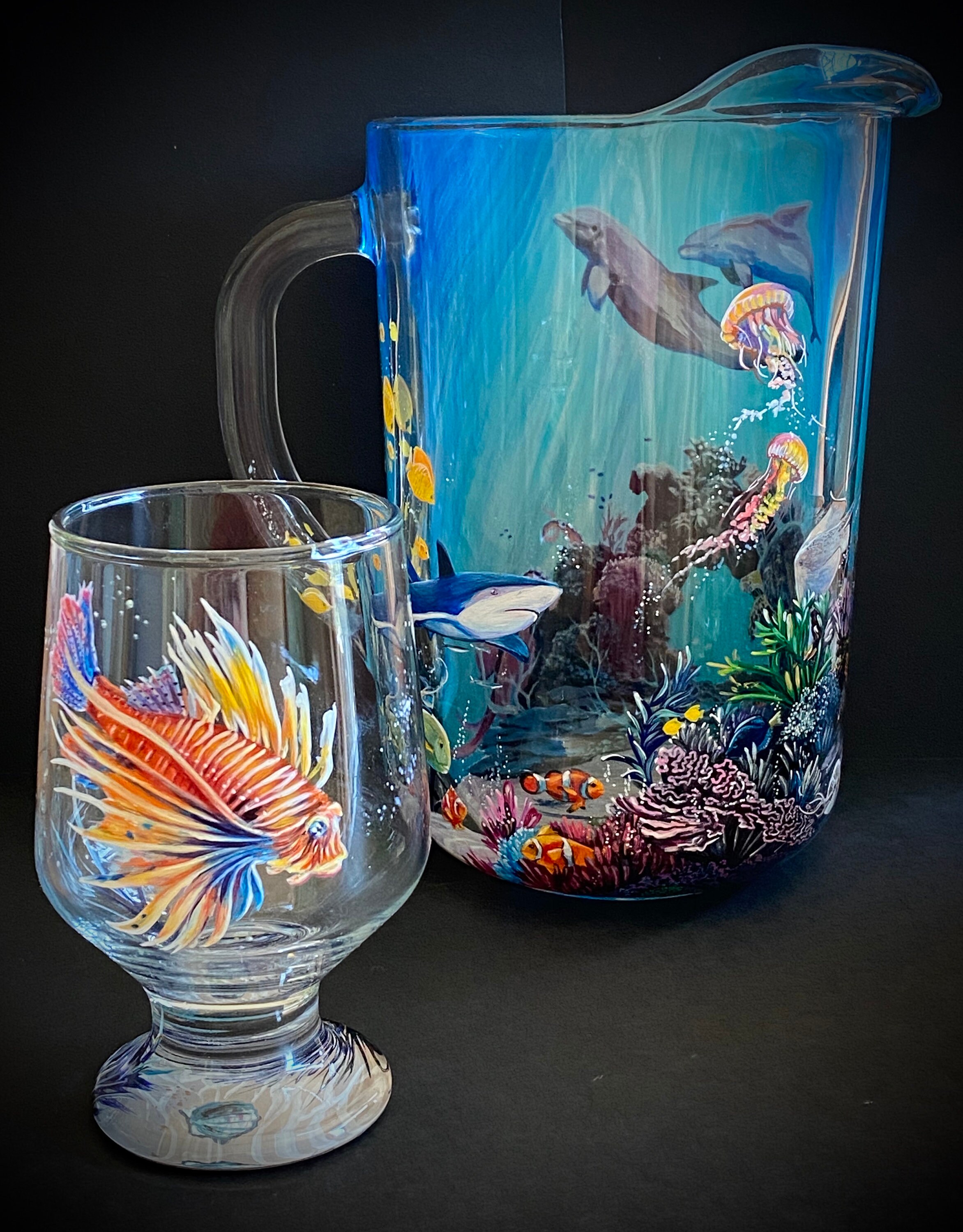 Ocean Themed Glass Pitcher Hand Painted Aquatic Underwater | Etsy