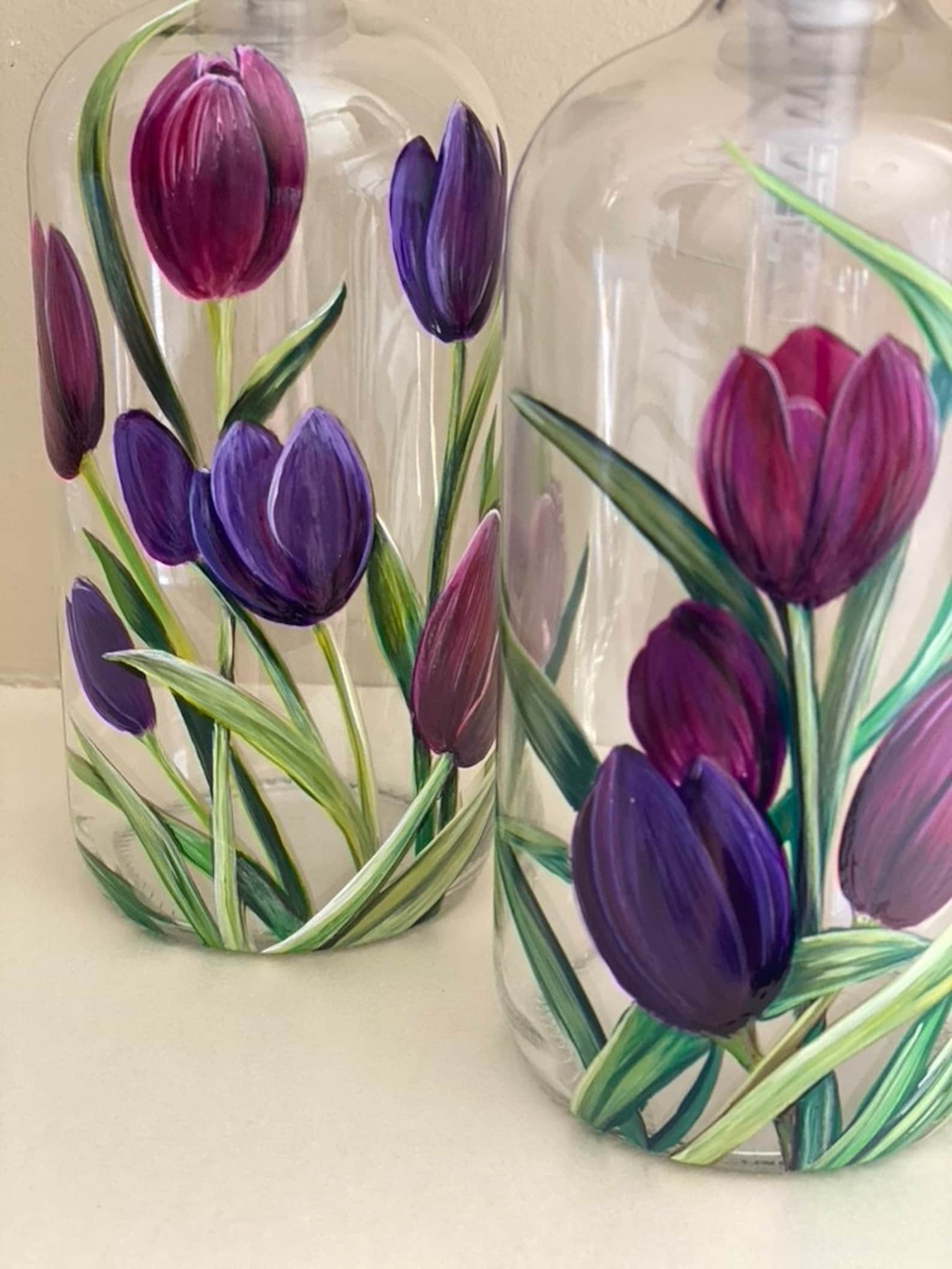 Hand Painted Tulip Soap Dispenser: Custom Floral Glass Kitchen Decor - Etsy