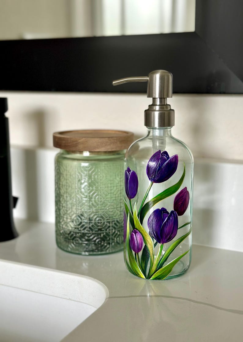 Hand Painted Tulip Soap Dispenser: Custom Floral Glass Kitchen Decor - Etsy