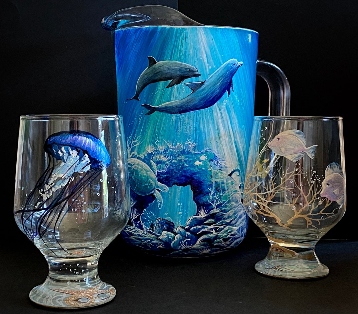 Ocean Themed Glass Pitcher Hand Painted Aquatic Underwater - Etsy