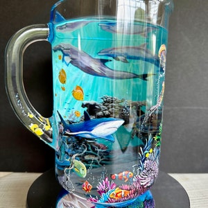 Ocean Themed Glass Pitcher Hand Painted Aquatic Underwater Nautical ...