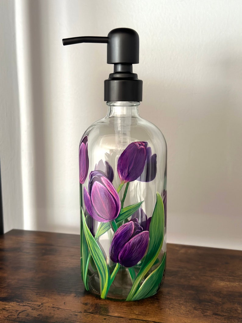 Hand Painted Tulip Soap Dispenser: Custom Floral Glass Kitchen Decor - Etsy