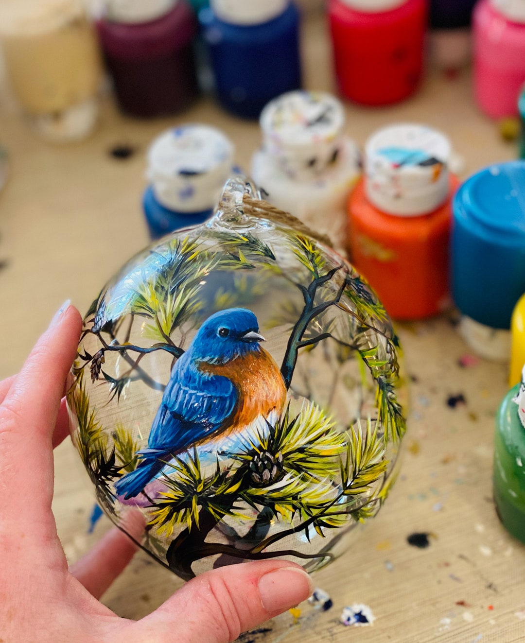 Blue Bird Christmas Tree Ornament Hand Painted Glass Green Pine Sphere ...