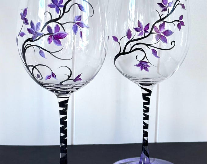Hand Painted Wine Glass Purple and Pink Hues Whimsical Vines Funky ...
