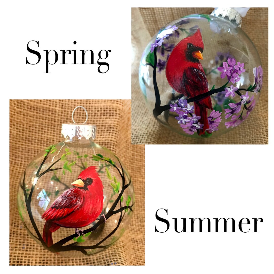 Cardinal Hand Painted Glass Ornament Globe Seasonal Summer Spring Lilac ...