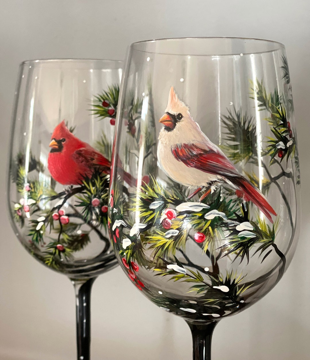 Hand Painted Cardinal Wine Glass: Winter Snowy Tree Stemware - Etsy