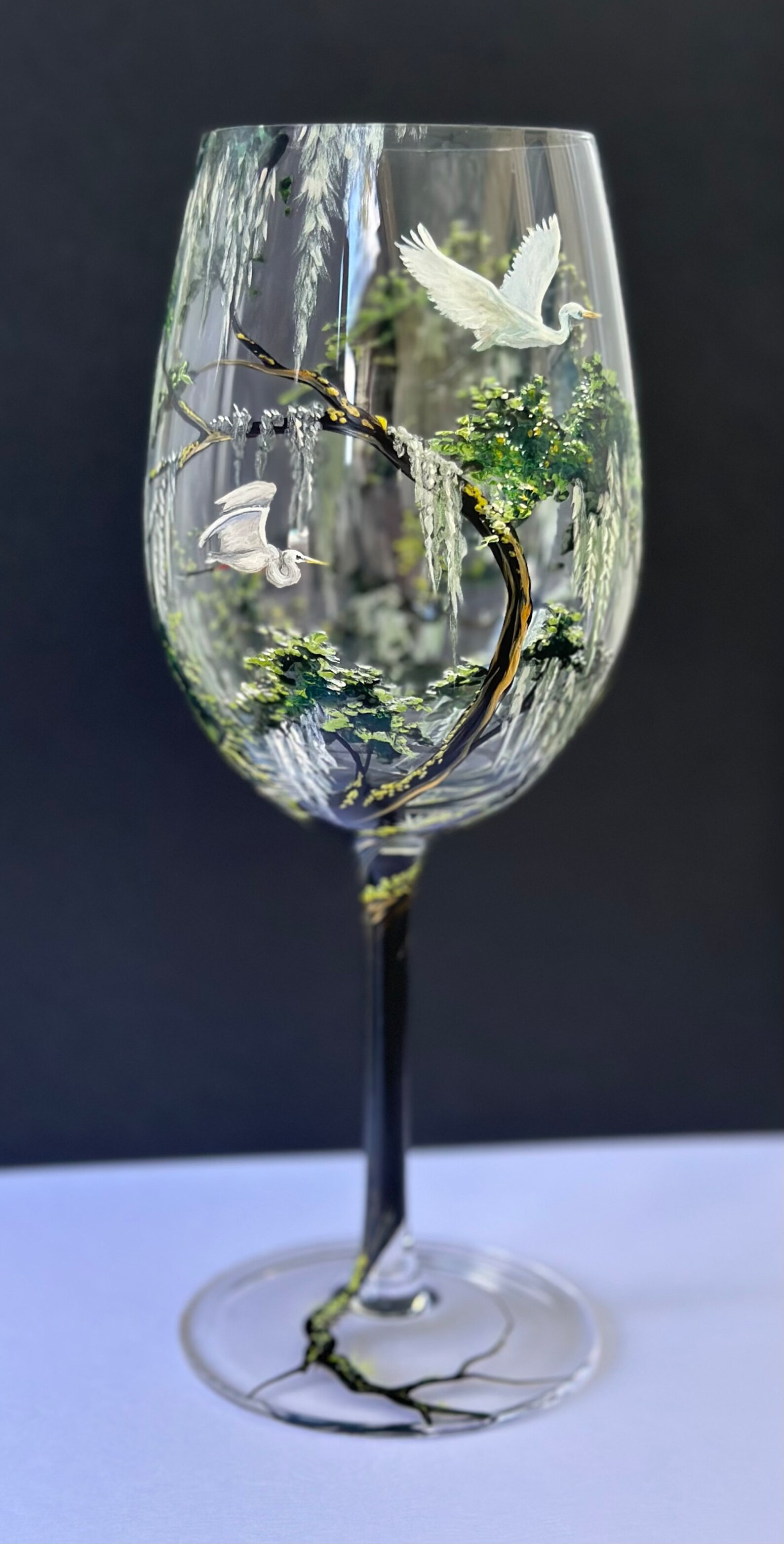 Hand Painted Southern Wine Glass: Egret, Spanish Moss, Live Oak - Etsy