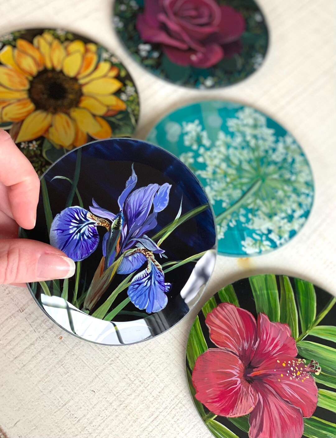 Hand Painted Glass Coasters Cut Plated Beveled Edge Disc Home Decor ...