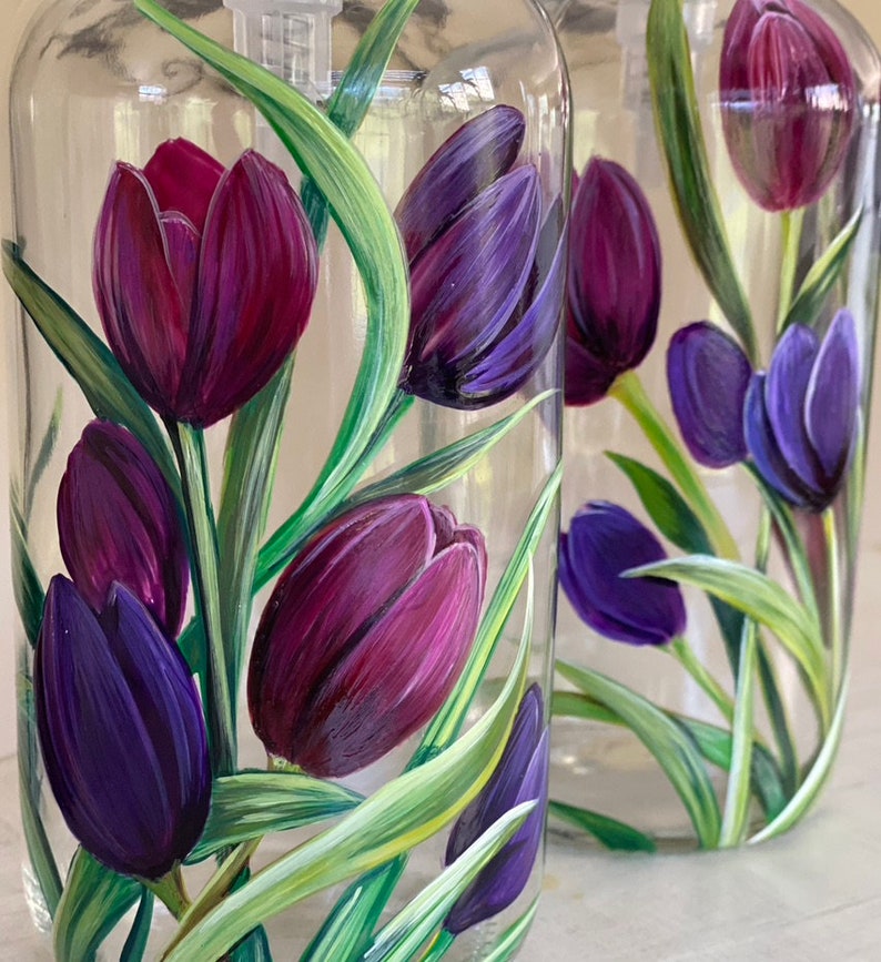 Hand Painted Tulip Soap Dispenser: Custom Floral Glass Kitchen Decor - Etsy