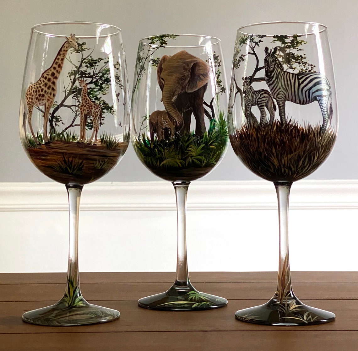 Safari Wine Glass Jungle Animals Hand Painted Elephant Giraffe | Etsy