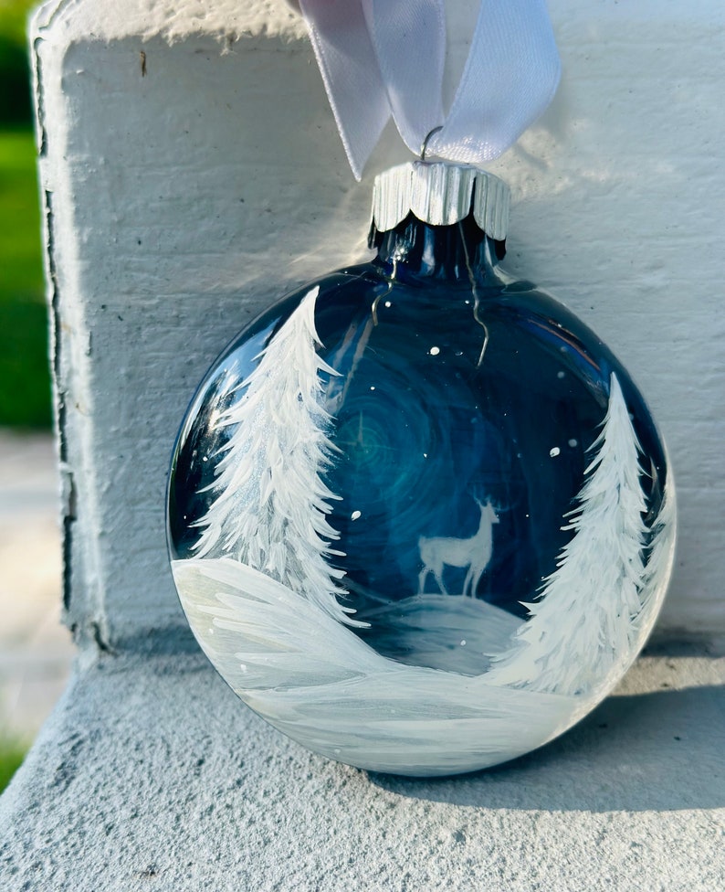 Hand Painted Christmas Ornament: Snowy Winter Reindeer Scene - Etsy