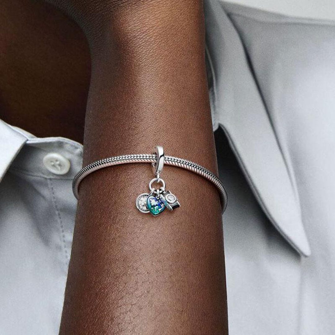 Camera, Heart & Compass Triple Dangle Charm, 925 Sterling Silver Charms ...