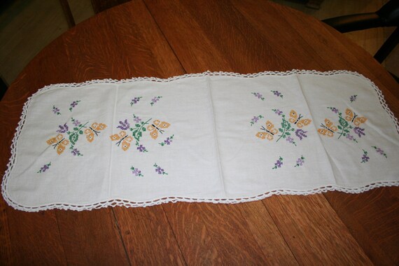 Embroidered Runner with Crocheted Edging | Etsy