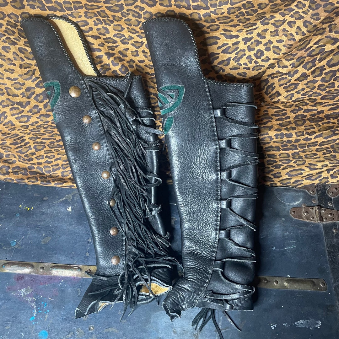 Spats Vintage Handmade Genuine Leather Fringe Brass Lace up Chaps ...