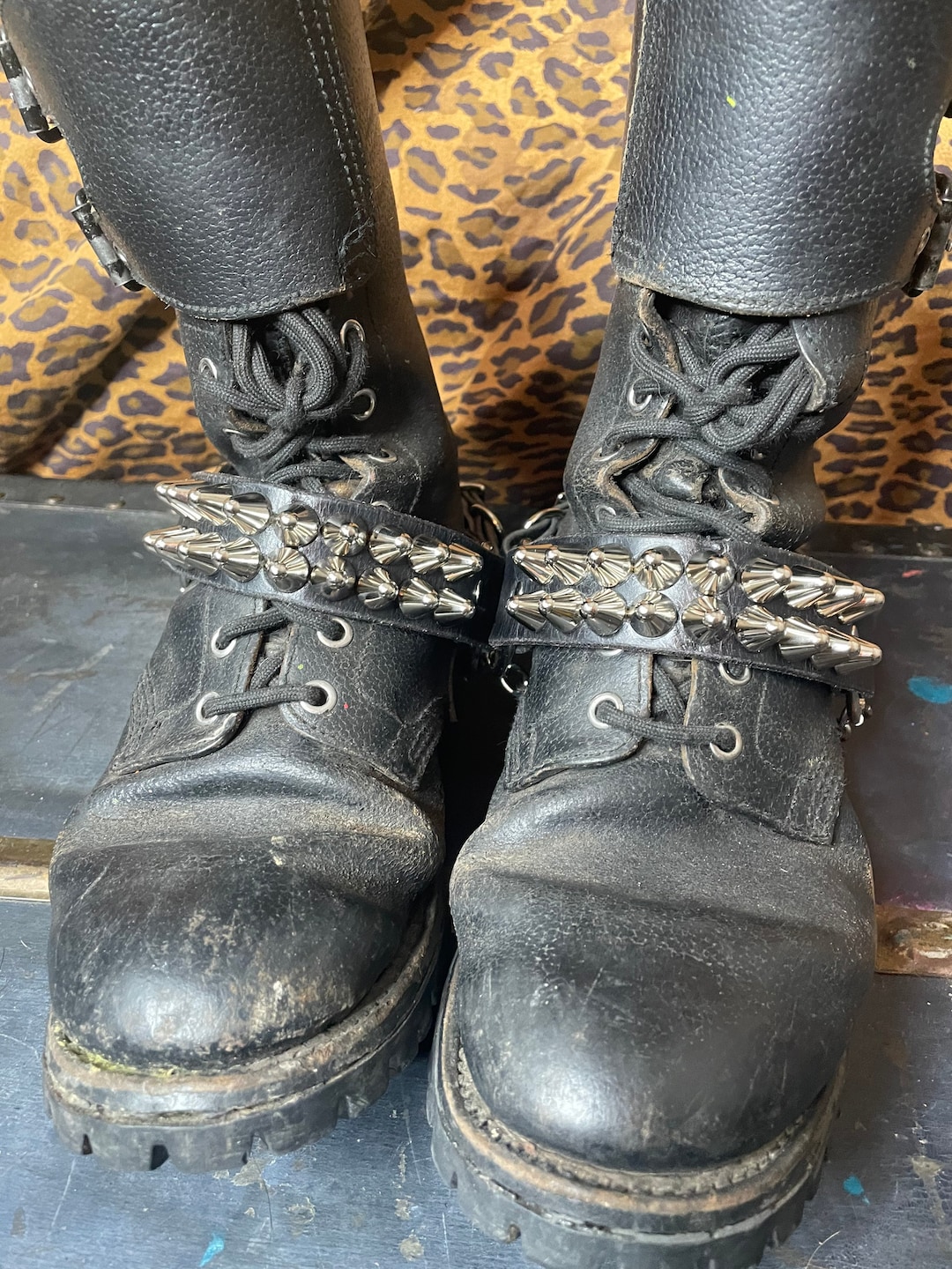 Bootstraps Pair 2 Row Tall Uk 77 Studs Spikes Domes Pyramids Handmade Genuine Leather Chain Punk ...