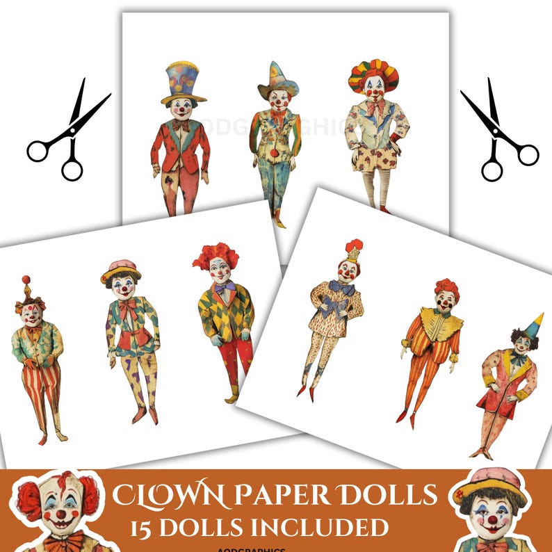 15 Paper Doll Clowns Junk Journal Scrapbooking, Printable Dolls - Etsy