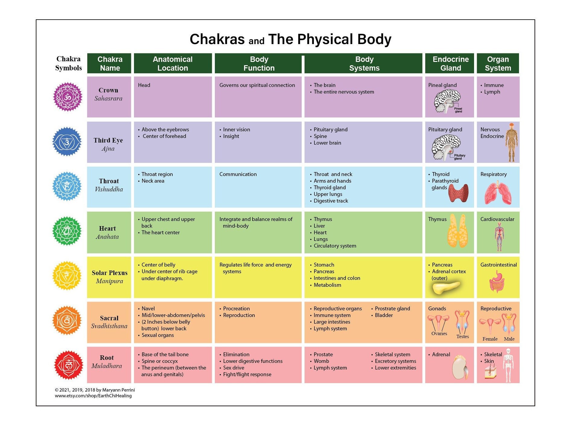 Chakras & the Physical Body Printable Chart | Etsy