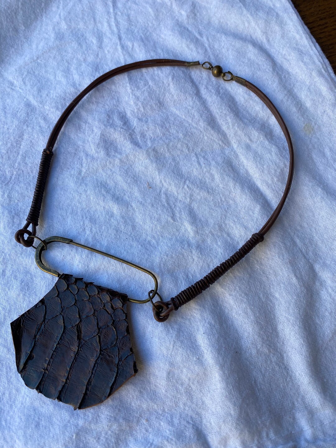 Snake Skin Necklace With Leather and Brass Safety Pin - Etsy