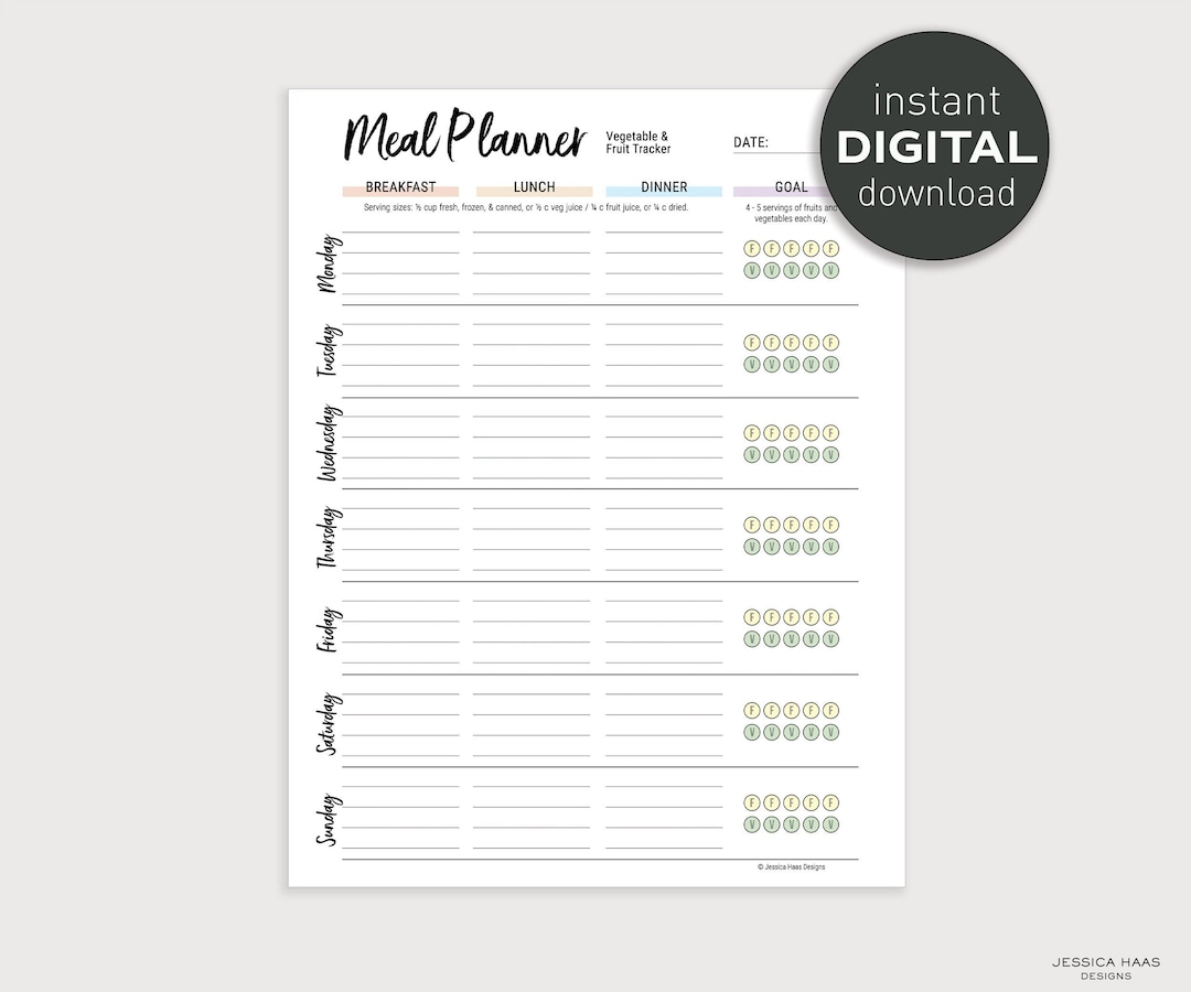 Fruit & Vegetable Tracker and Meal Planner - Instant Digital Printable ...