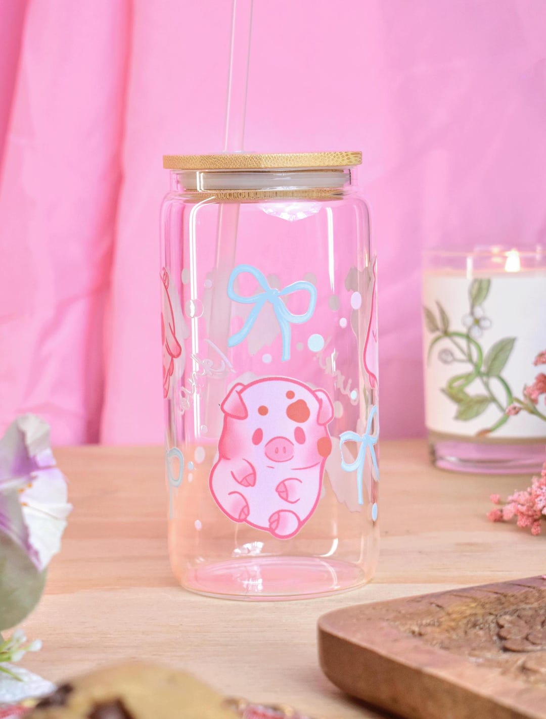 Kawaii Pig Libby Glass Tumbler: Bamboo Lid & Straw, 16oz - Etsy