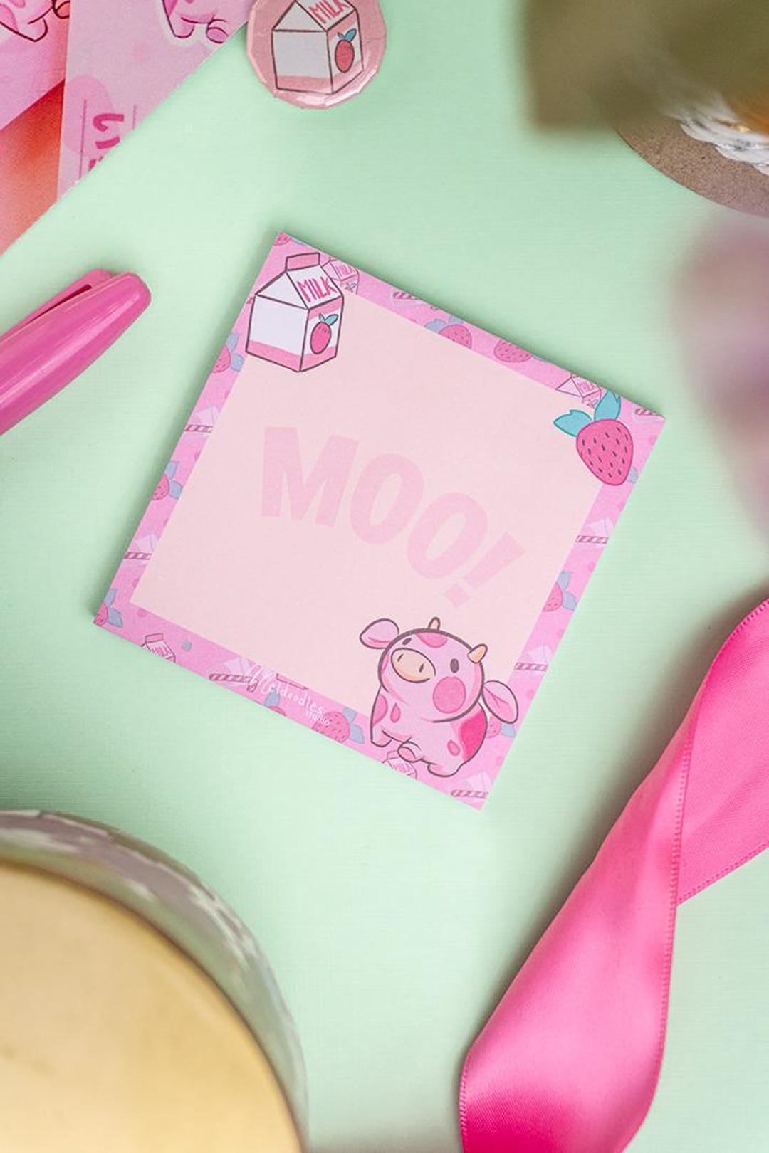 Pink Strawberry Cow Sticky Notes,cute Kawaii Pastel Cow Memo Pad, 50 ...