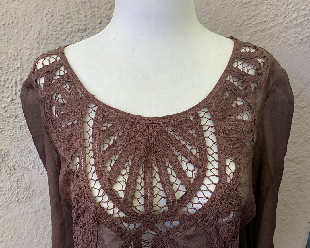 Vintage Inspired Taupe Brown Sheer Top With Knit Trim Details, Small - Etsy
