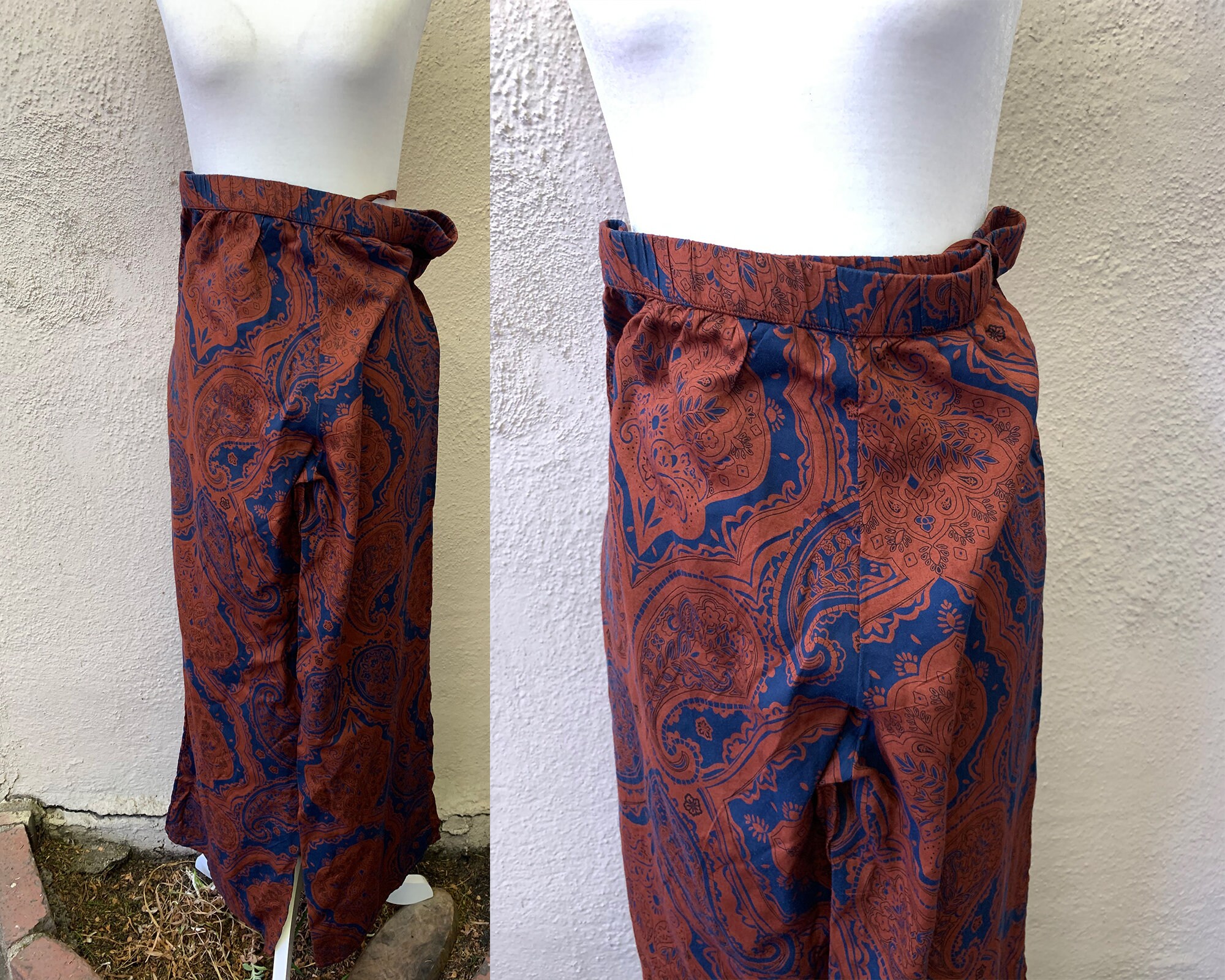 Vintage Inspired Sheer Rust Pajama Pants With Navy Paisley Designs ...