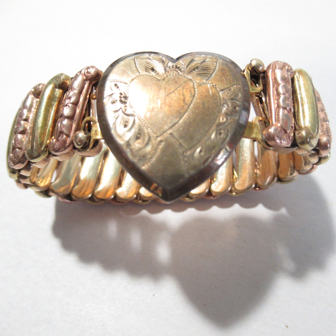 WW2 Sweetheart Locket Vintage Expansion Bracelet Etched Heart Gold ...