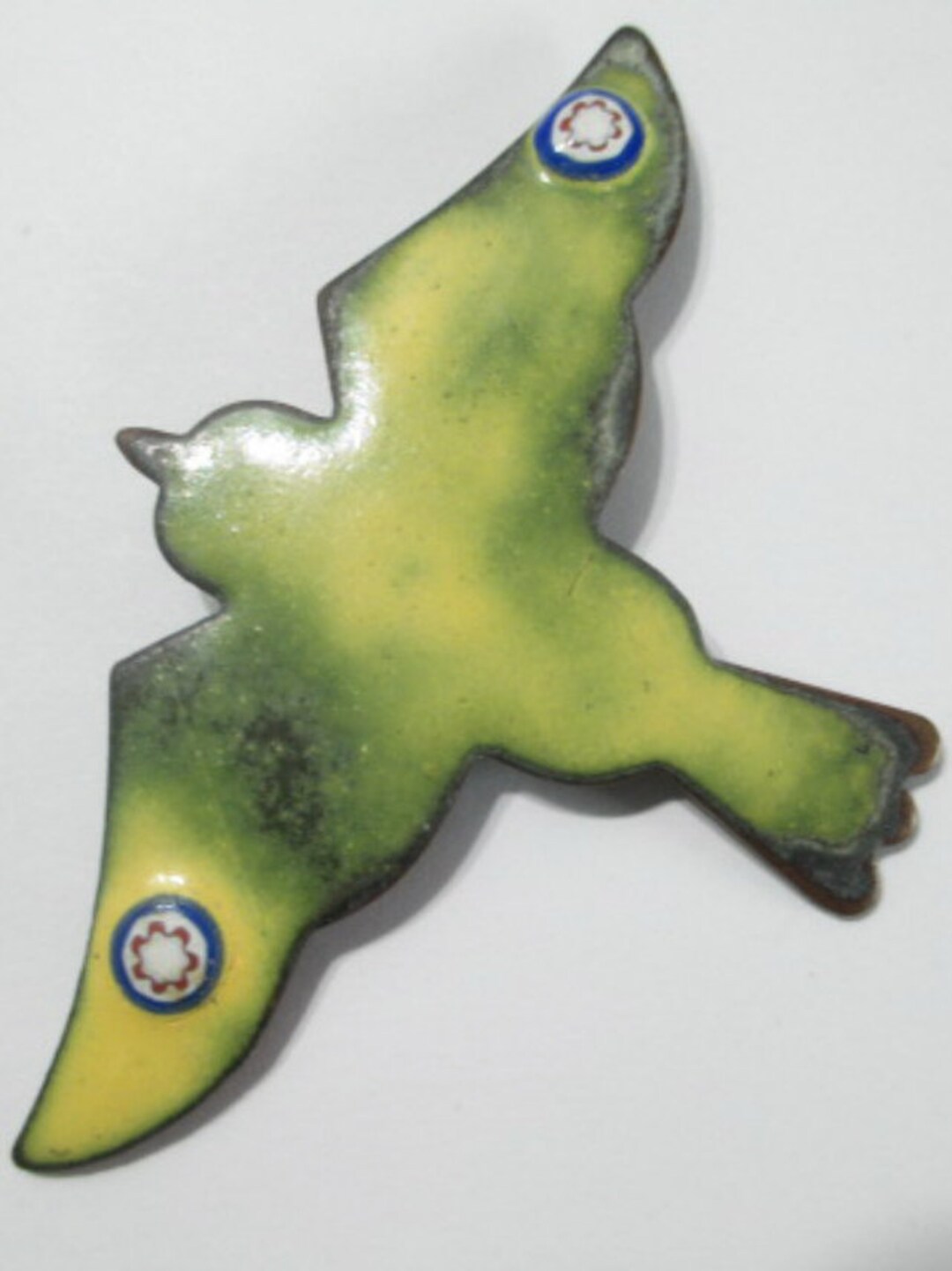 Large Copper Enamel Figural Bird Pin Soaring Vintage Green Yellow ...