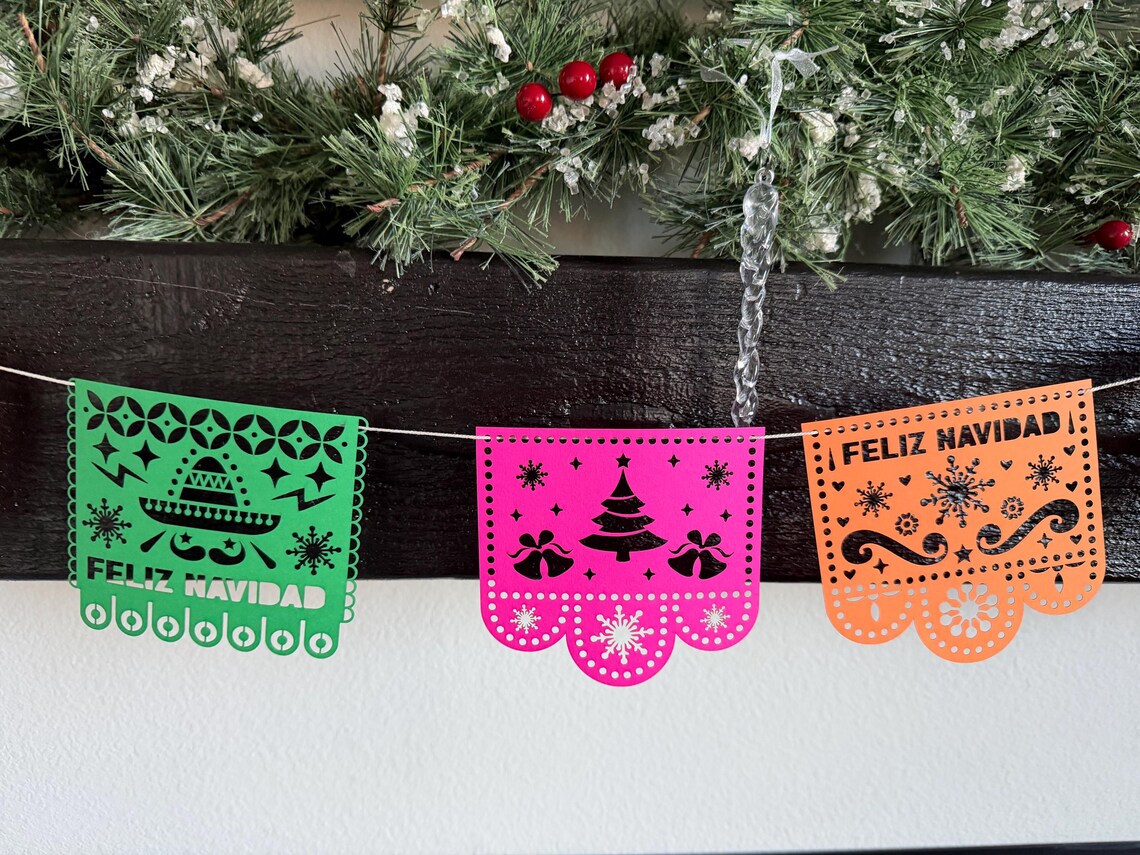 Decoración Navideña Papel Picado Banner, Mexican Christmas Papel Picado ...