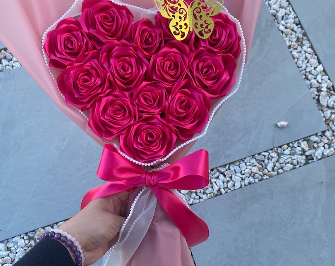 Heart Shaped Eternal Rose Bouquet, Pink Eternal Rose Bouquet, Gift for ...