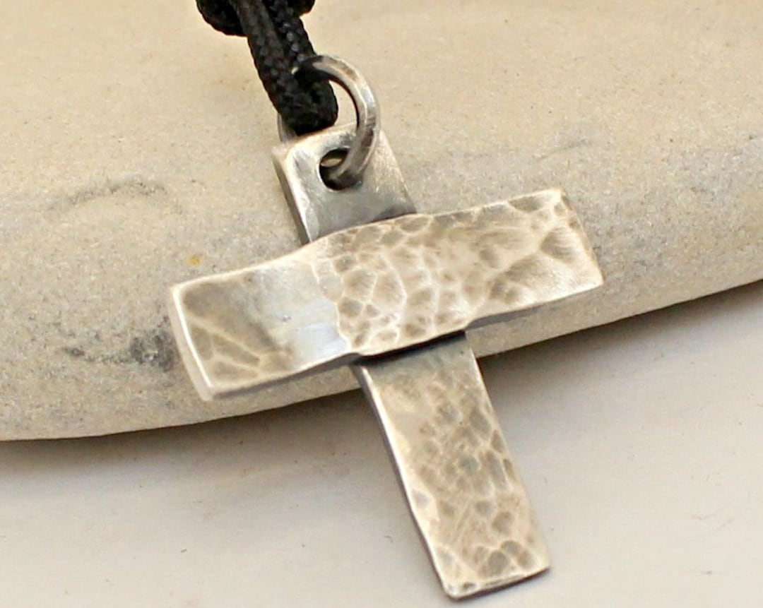 Personalized Sterling Silver Cross Necklace With Black Cord - Oxidized Handmade Cross - Men's ...