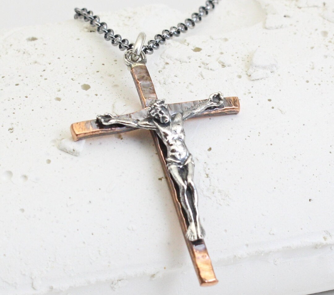 Christian Jesus Cross Necklace - Made of Sterling Silver - Black Cord ...