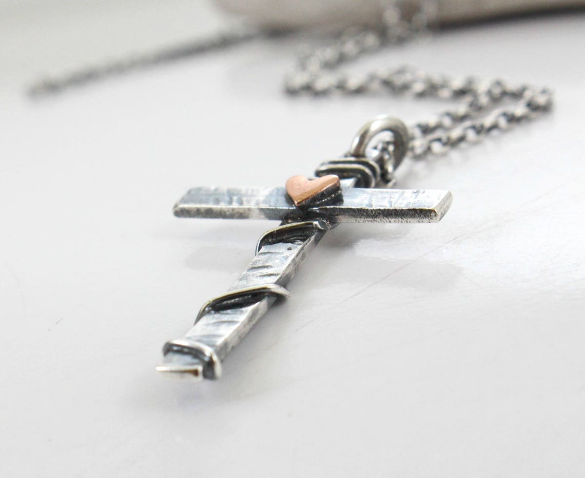 Silver Christian Cross Sterling Silver Cross Heart Necklace - Etsy