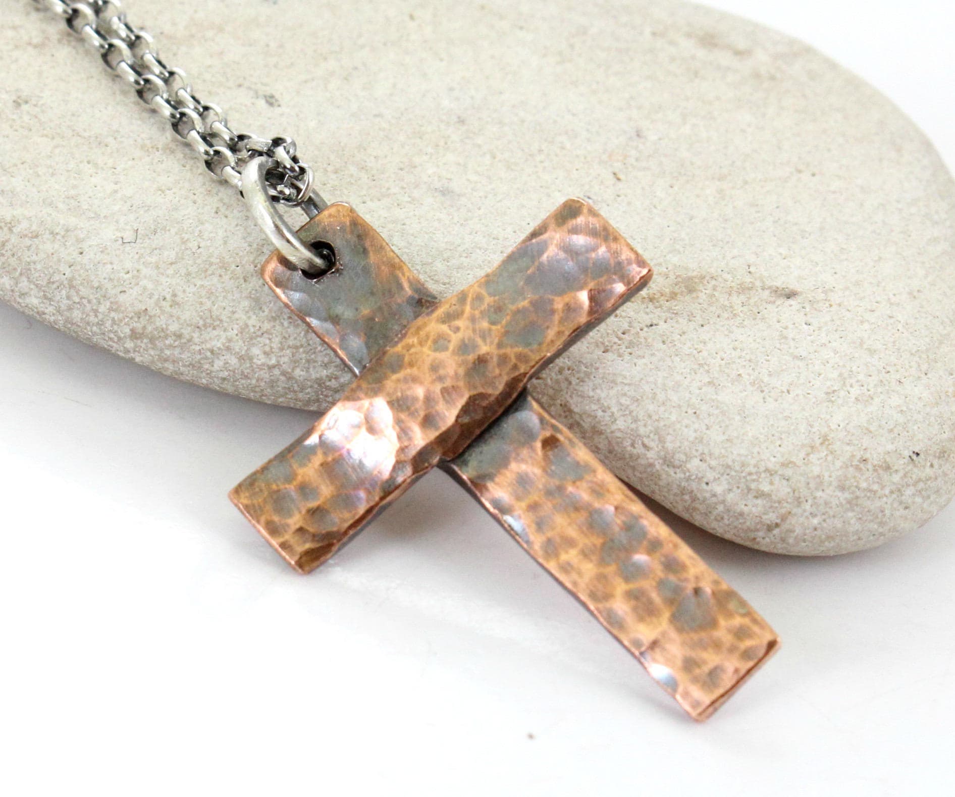 Handmade hammered copper Cross Necklace with black cord | Etsy