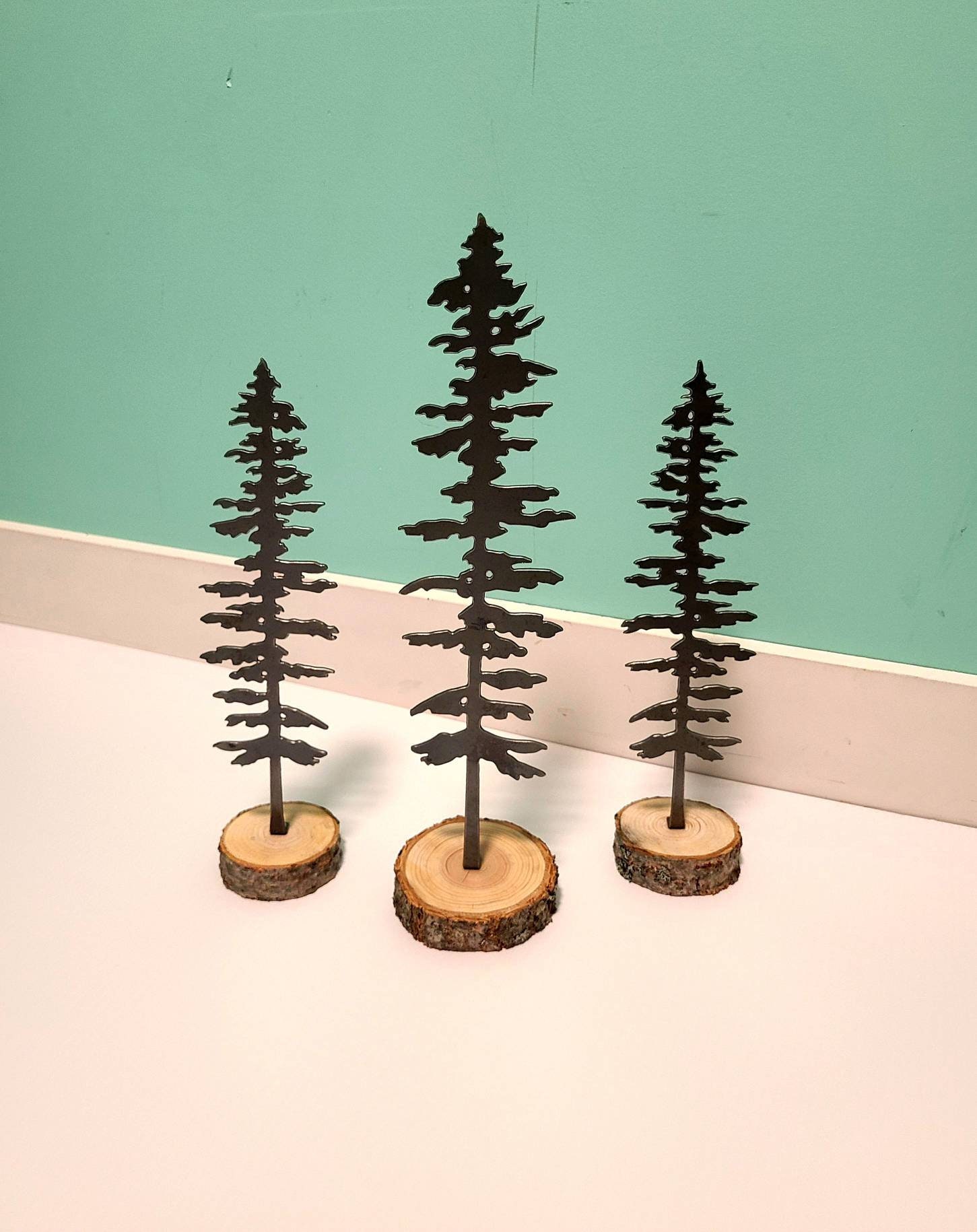 Metal Sitka Trees With Wood Bases set of 3 - Etsy
