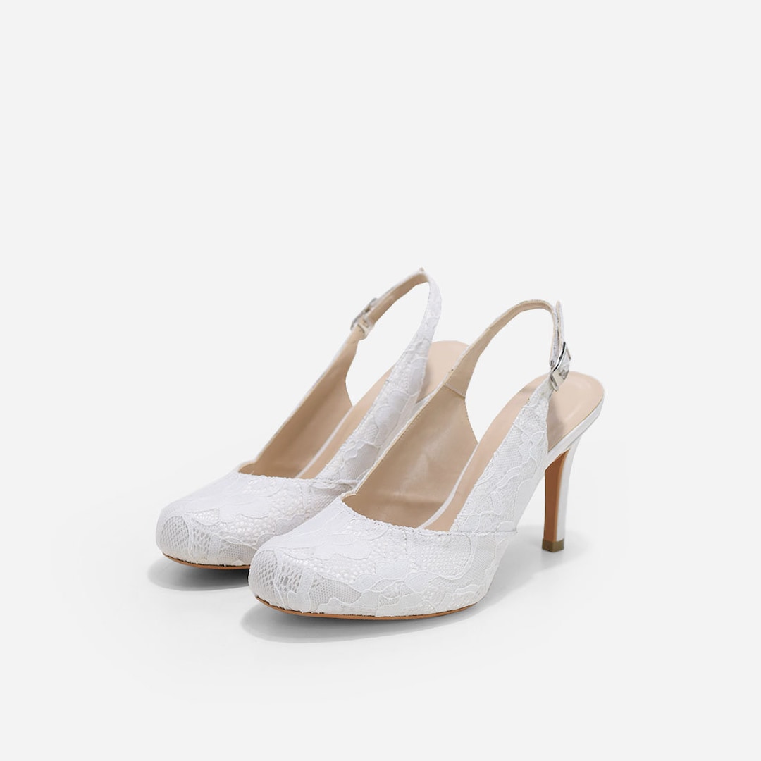 Bethany White Lace Slingback Pumps, Custom Made White Lace Bridal Heels ...