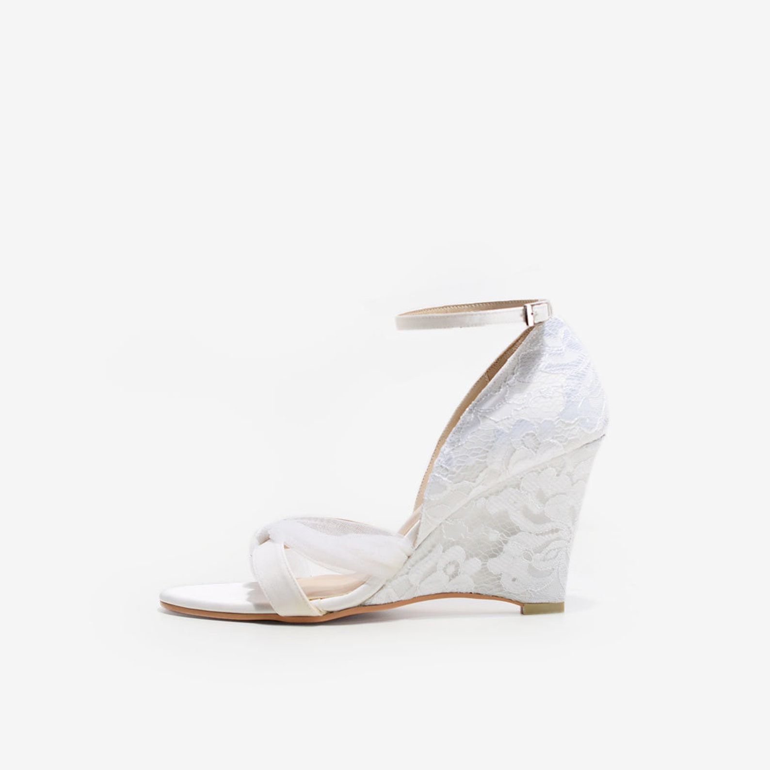 Bella Bells Custom Made Heels, Lace Chiffon Wedge Wedding Shoes, Ivory ...