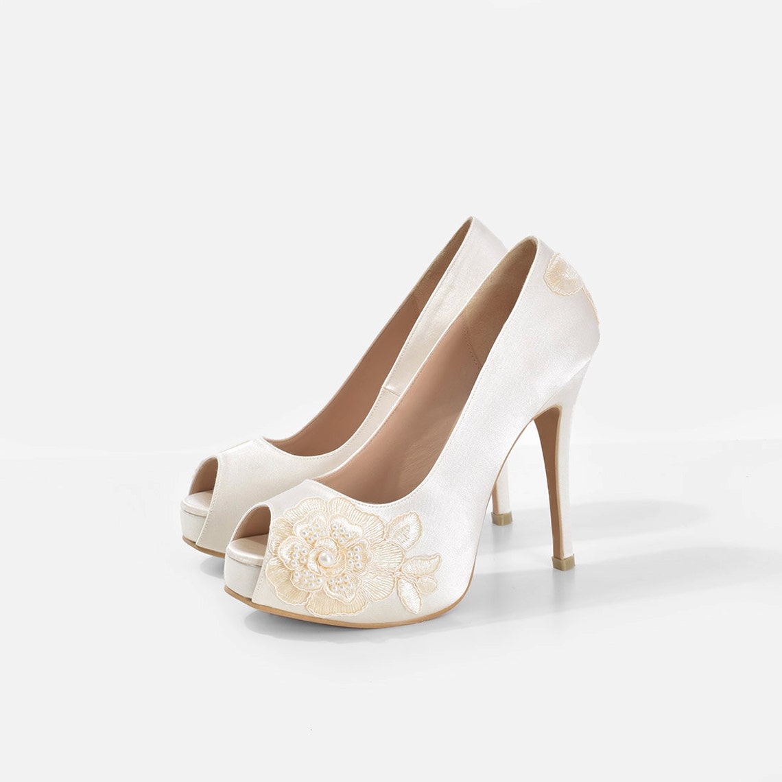 Lorraine V3 Ivory Lace Bridal Heels White Satin Heels With | Etsy