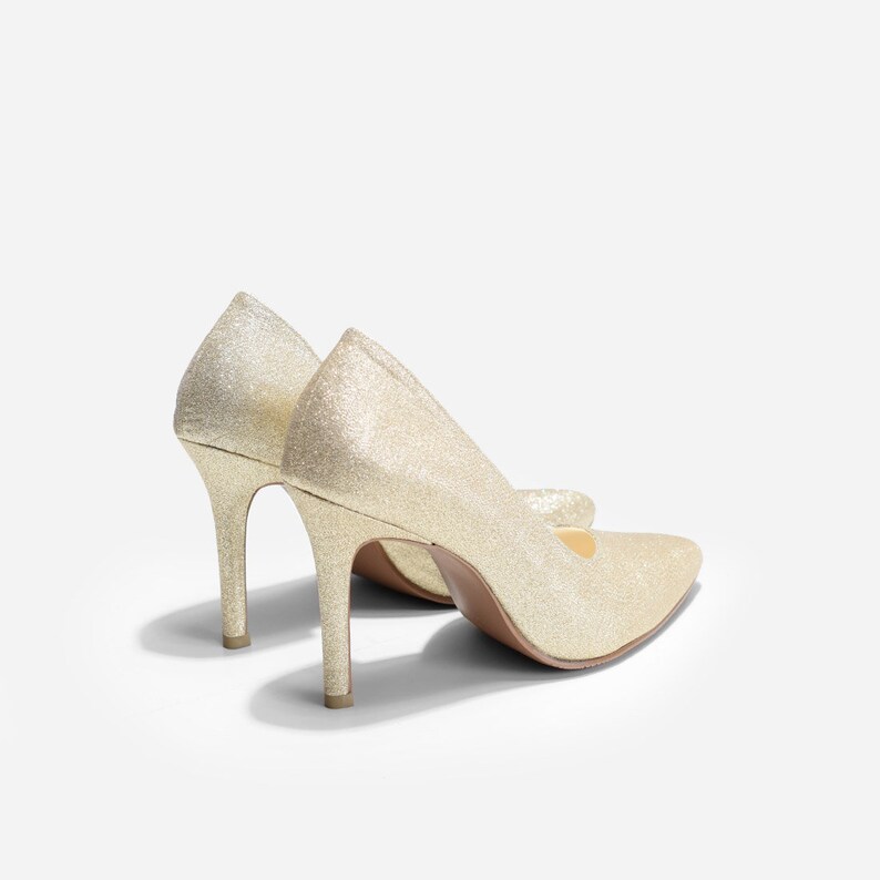Cynthia Gold Custom Made Heels, Gold Glitter Wedding Heels, Pointy Toe ...