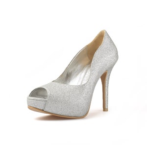 Hollywood Silver Glitter Custom Made Heels, Silver Glitter Peep Toe ...