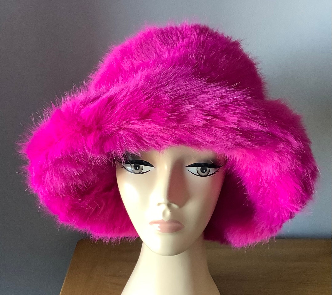 Hot Pink Oversized FAUX FUR Bucket Hat Panama Hat Suits Bigger Heads on ...