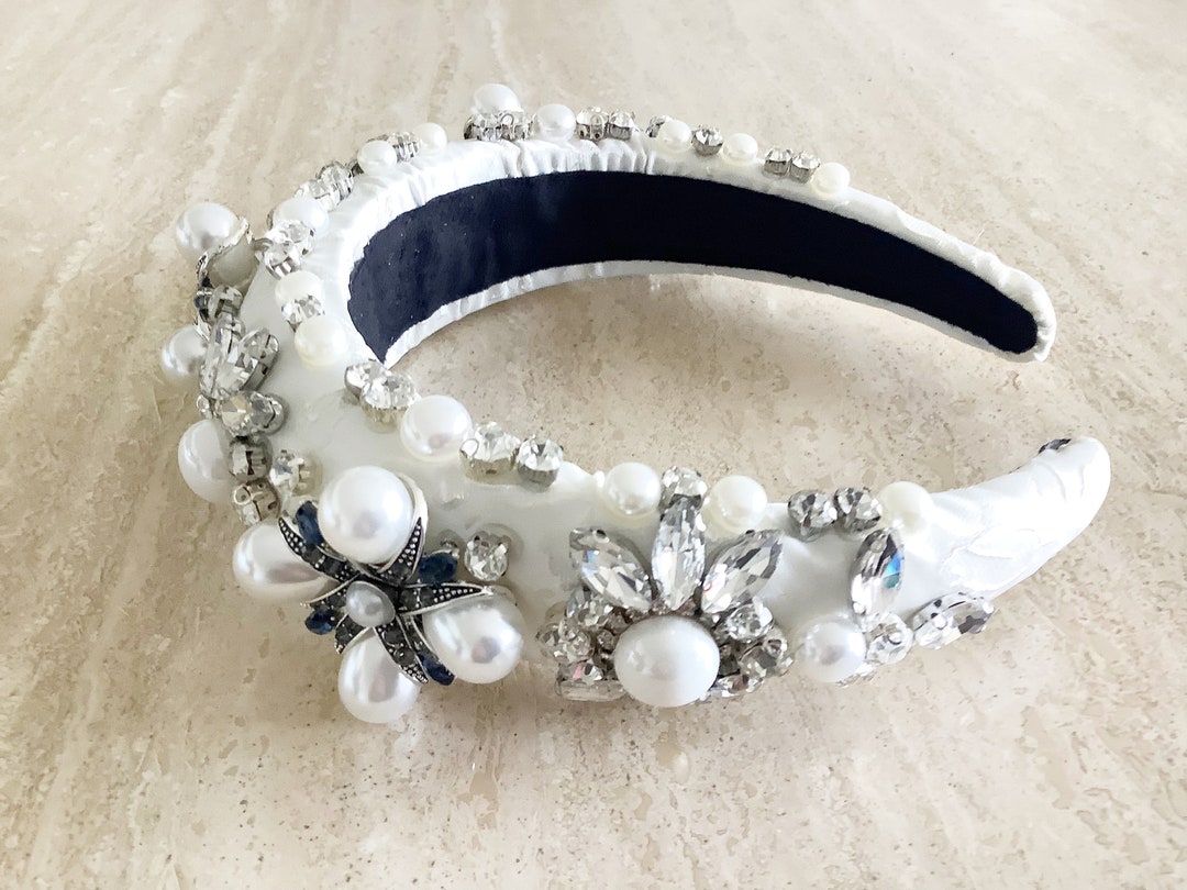 Luxury High End Embellished Headband White Base Ivory and White Pearls ...