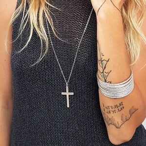 Large Silver Skinny Cross Necklace, Minimal Leather Rock Style Pendant ...